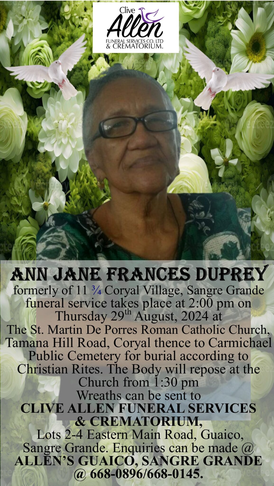 ANN JANE FRANCES DUPREY – Clive Allen Funeral Services Co. Ltd ...