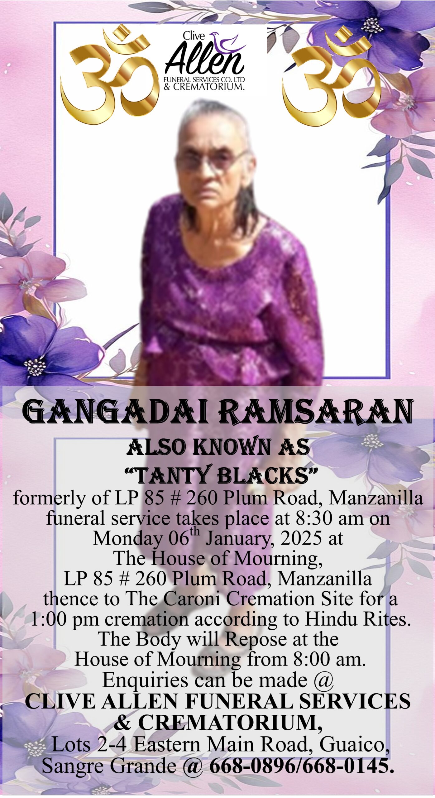 GANGADAI RAMSARAN – Clive Allen Funeral Services Co. Ltd & Crematorium