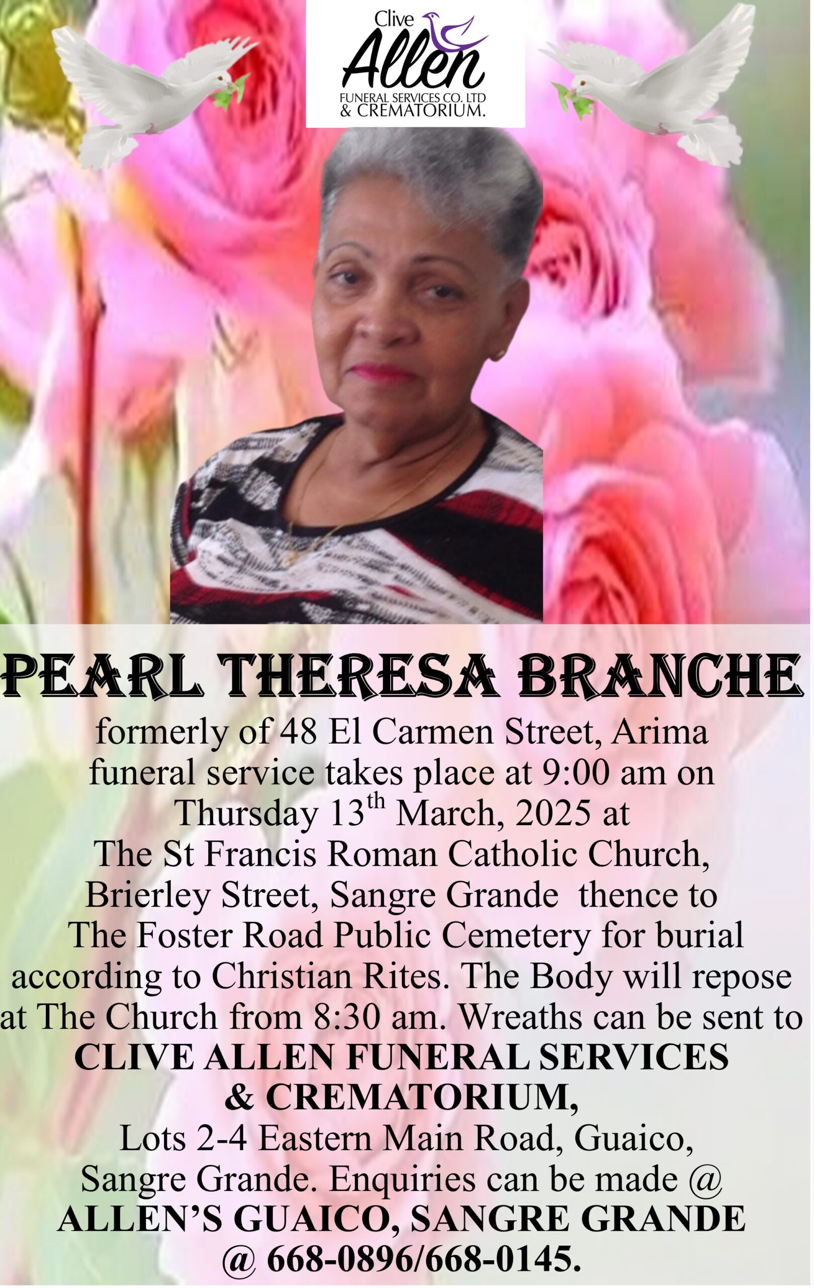 PEARL THERESA BRANCHE – Clive Allen Funeral Services Co. Ltd & Crematorium
